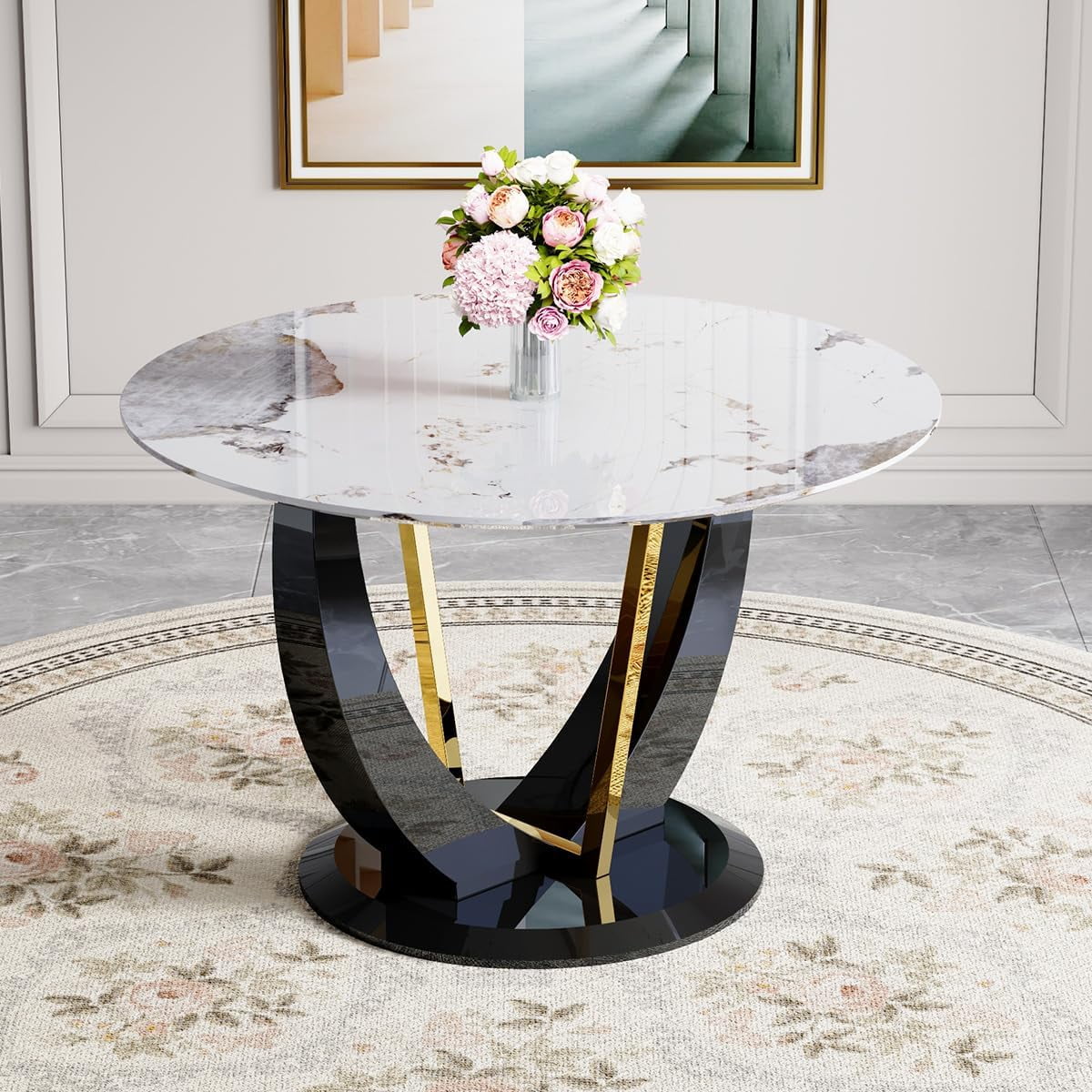 Round Dining Table with Faux Marble Tabletop and Metal Leg, Bistro ...