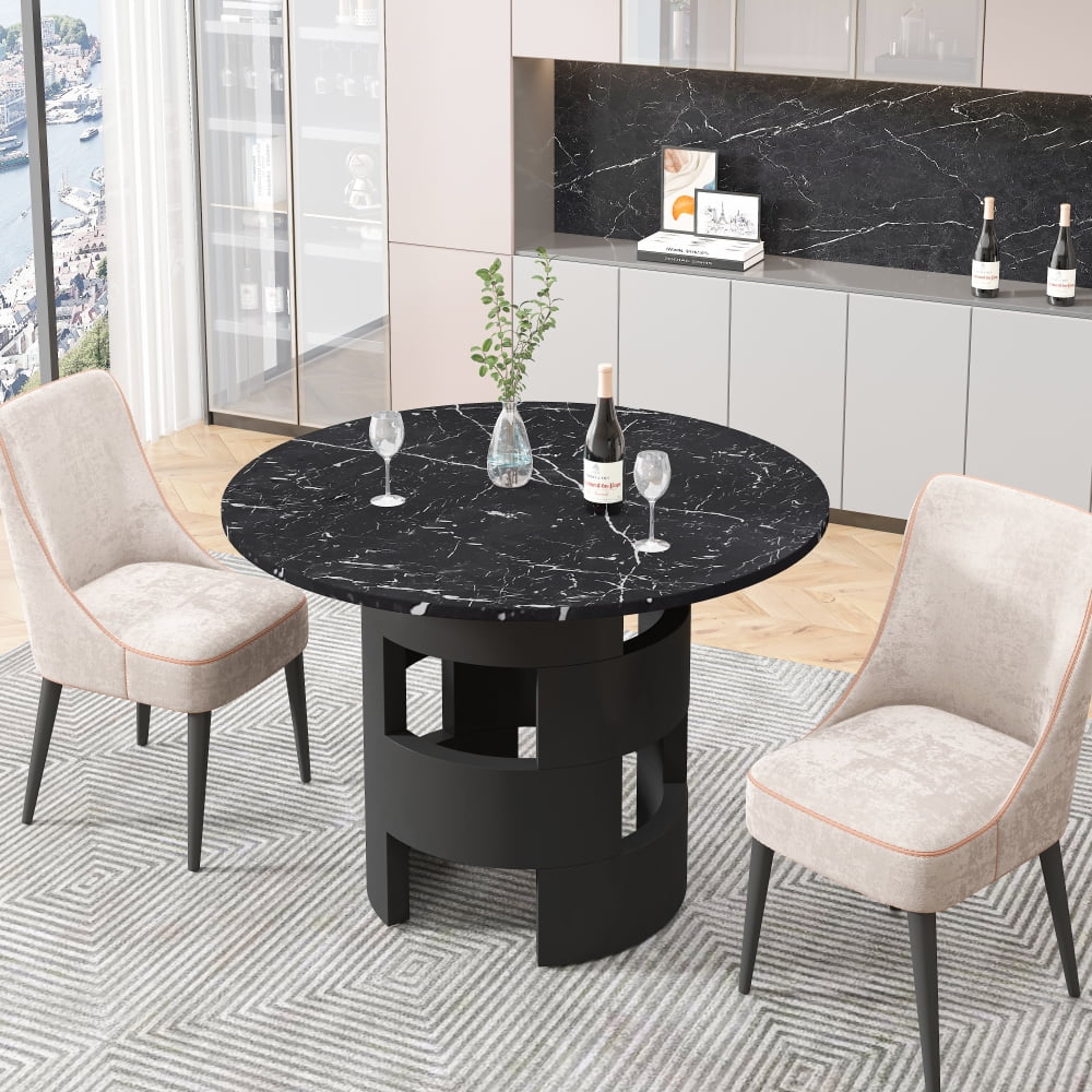 Round Dining Table with Hollow Cylindrical Base, Printed Marble ...