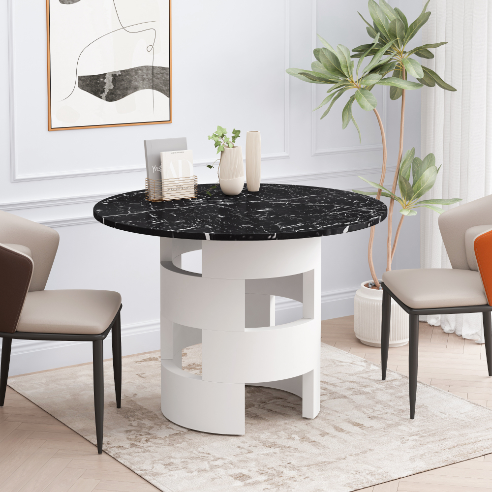 Round Dining Table with Hollow Cylindrical Base, Printed Marble ...