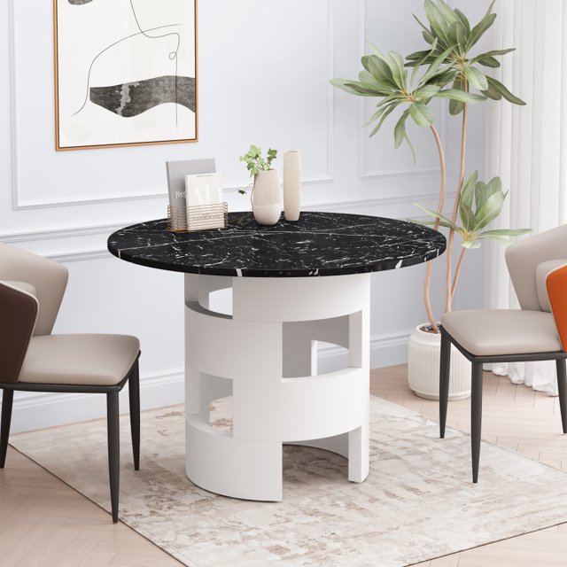 Round Dining Table with Hollow Cylindrical Base, Printed Marble ...