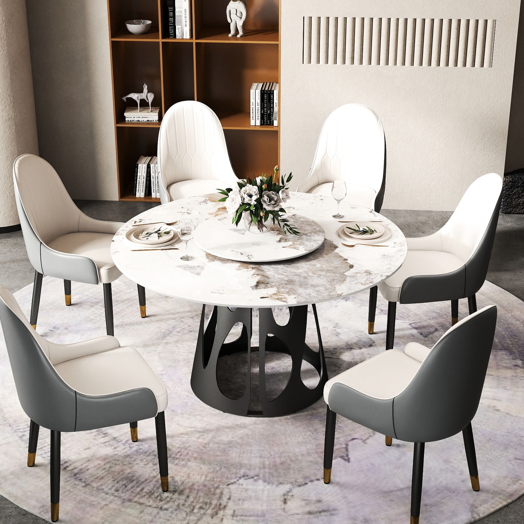 Round Dining Table with Metal Base / Sintered Stone Construction, Anti ...