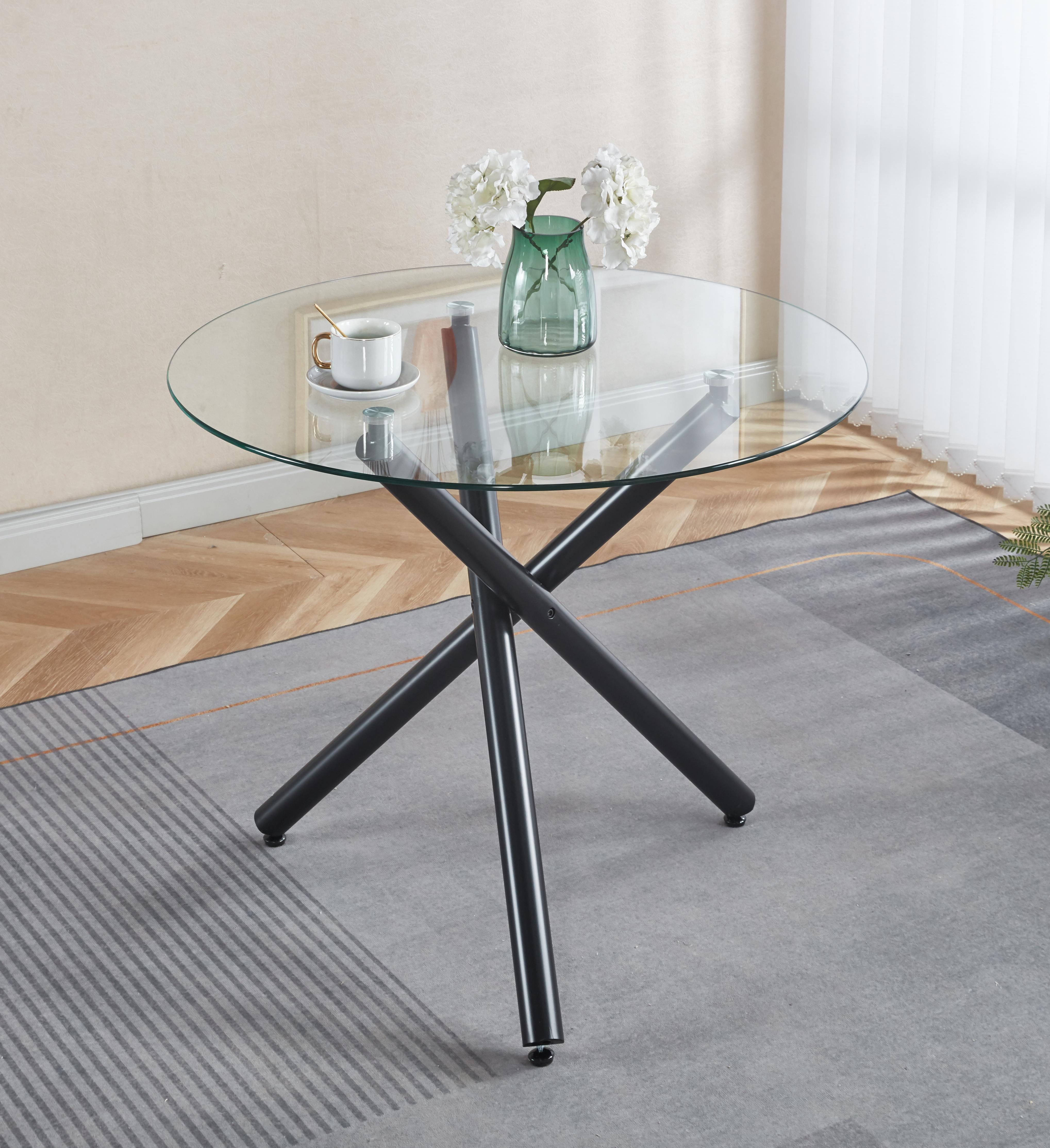 Round Dining Table with black metal leg and tempered glass,Modern Space ...