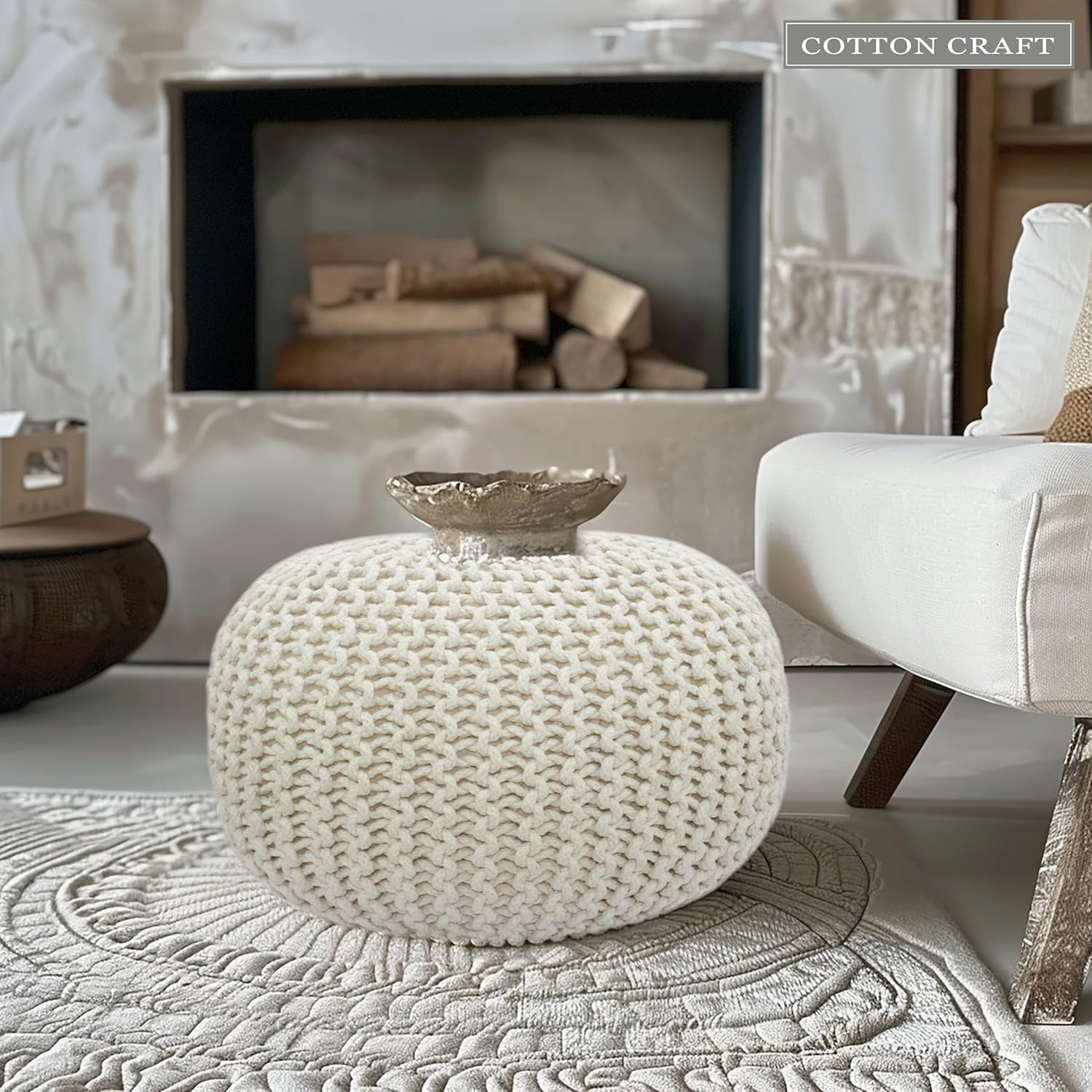 Round Dori Pouf - Cotton Braid Cord Knitted Ottoman Foot Stool for ...