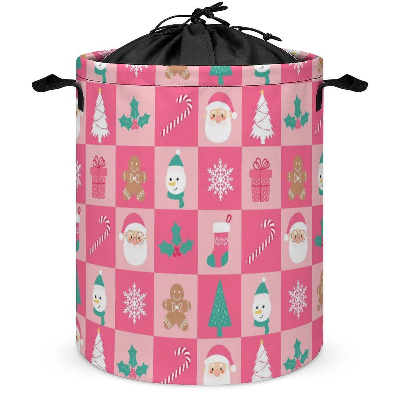 Round Drawstring Laundry Basket Pink Christmas Cheer Laundry Hamper ...