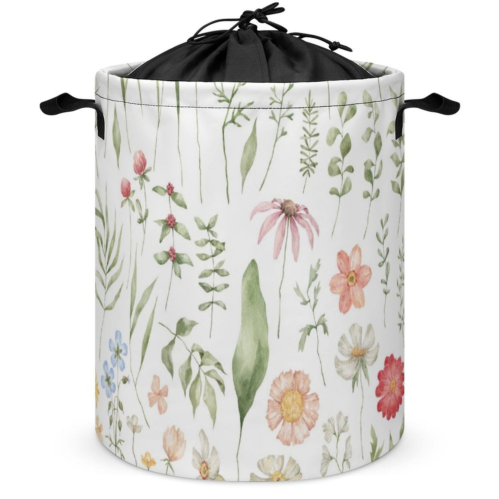 Round Drawstring Laundry Basket Wildflower Watercolor 2 Laundry Hamper ...