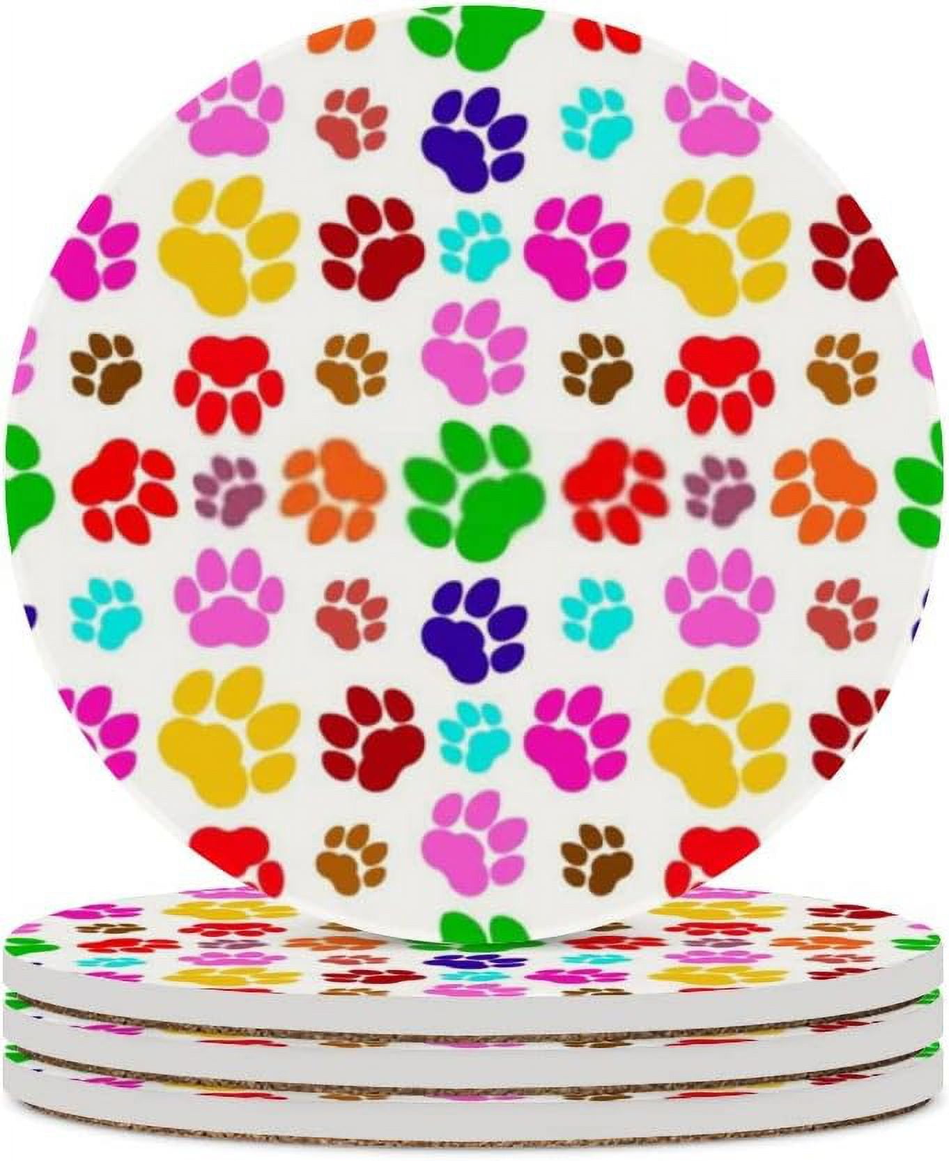Round Drink Coasters, 4 Pcs Colorful Paw Print Absorbent Ceramic ...