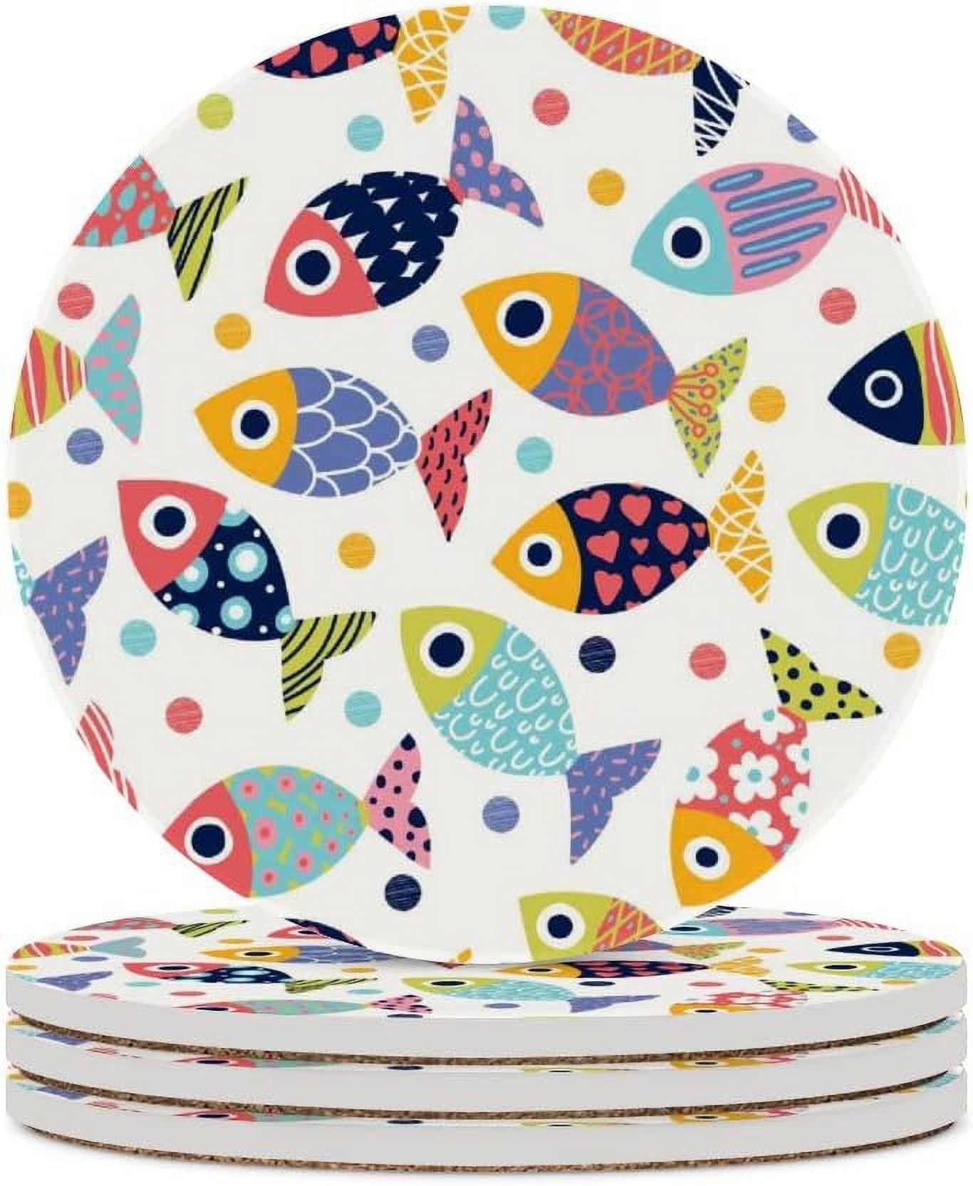 Round Drink Coasters, 4 Pcs Cute Fish Absorbent Ceramic Coaster with ...