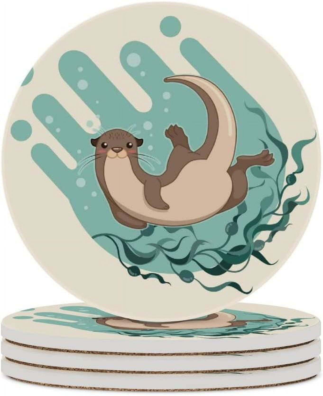Round Drink Coasters, 4 Pcs Cute Sea Otter Absorbent Ceramic Coaster ...