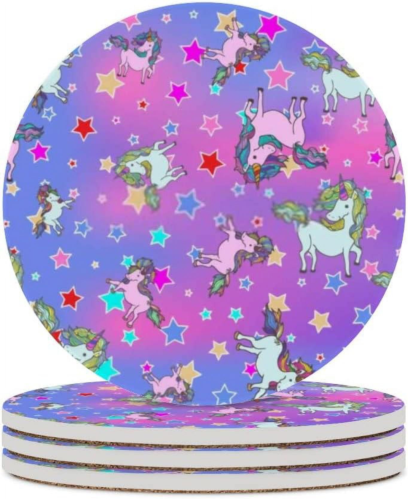 Round Drink Coasters, 4 Pcs Cute Unicorn with Colorful Rainbow ...