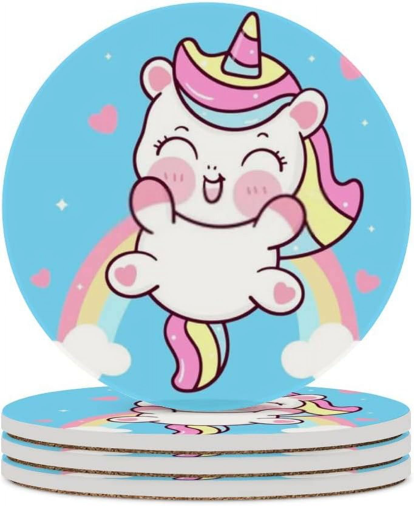Round Drink Coasters, 6 Pcs Cute Unicorn Jump in Air with Rainbow ...