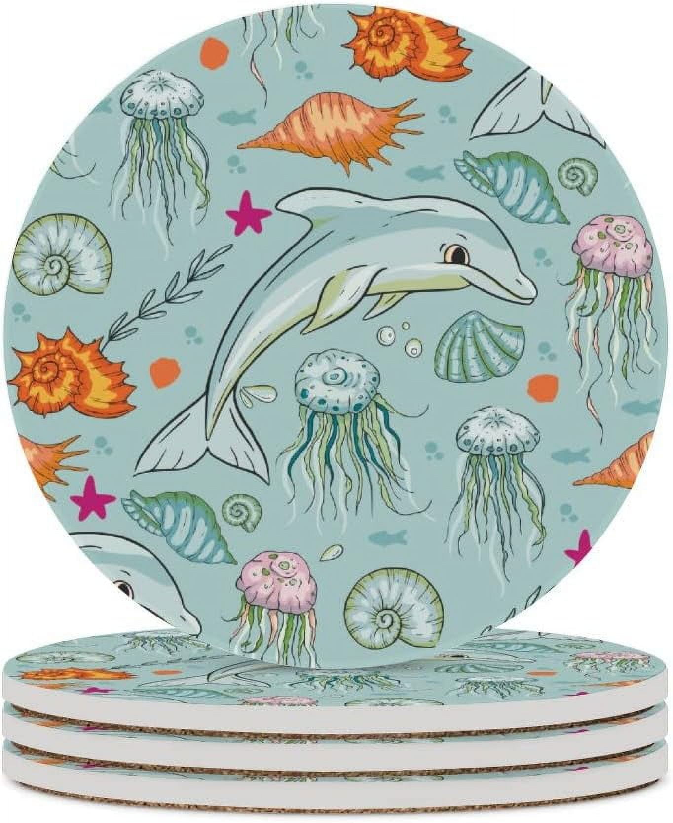 Round Drink Coasters, 6 Pcs Dolphin and Jellyfish Absorbent Ceramic ...