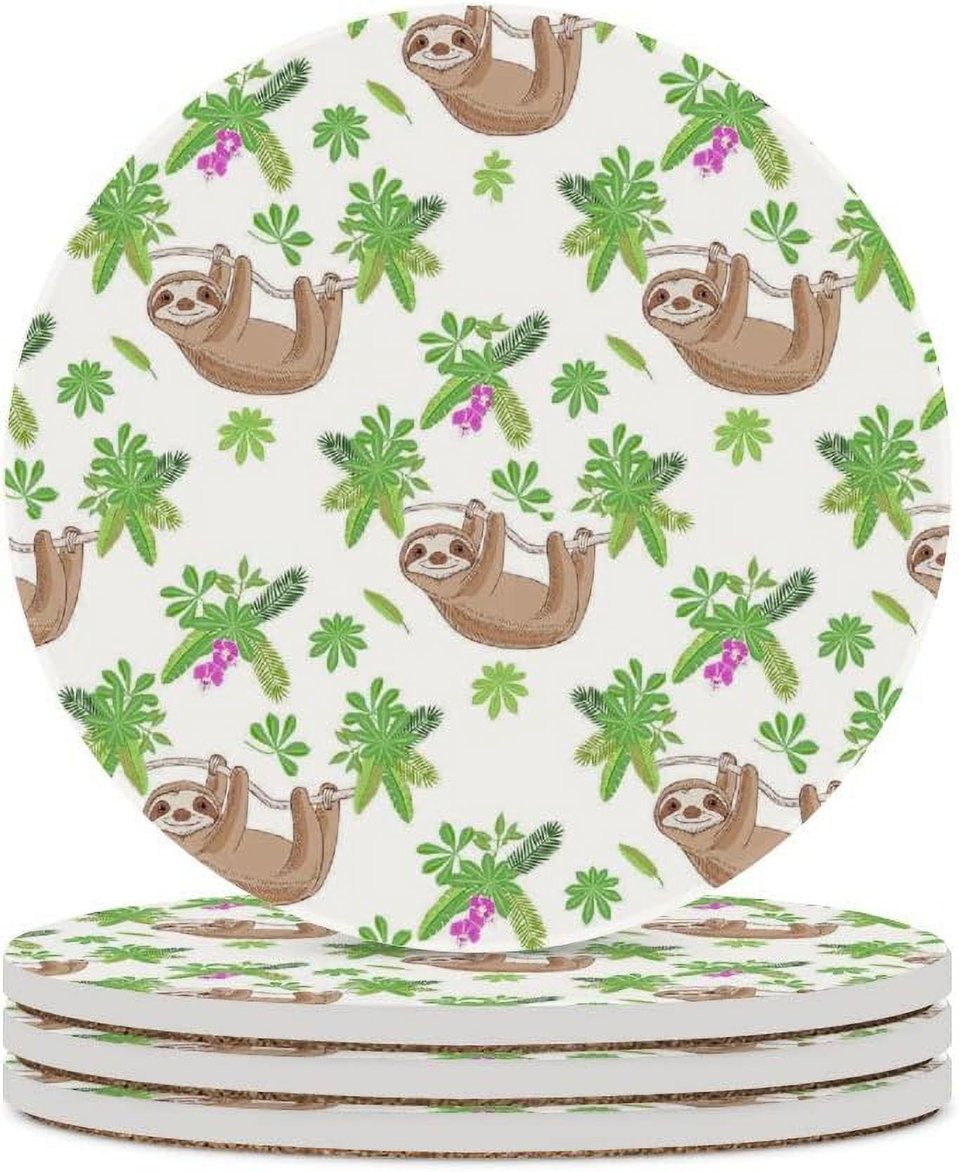 Round Drink Coasters, 6 Pcs Sloth with Tropical Leaves Absorbent ...