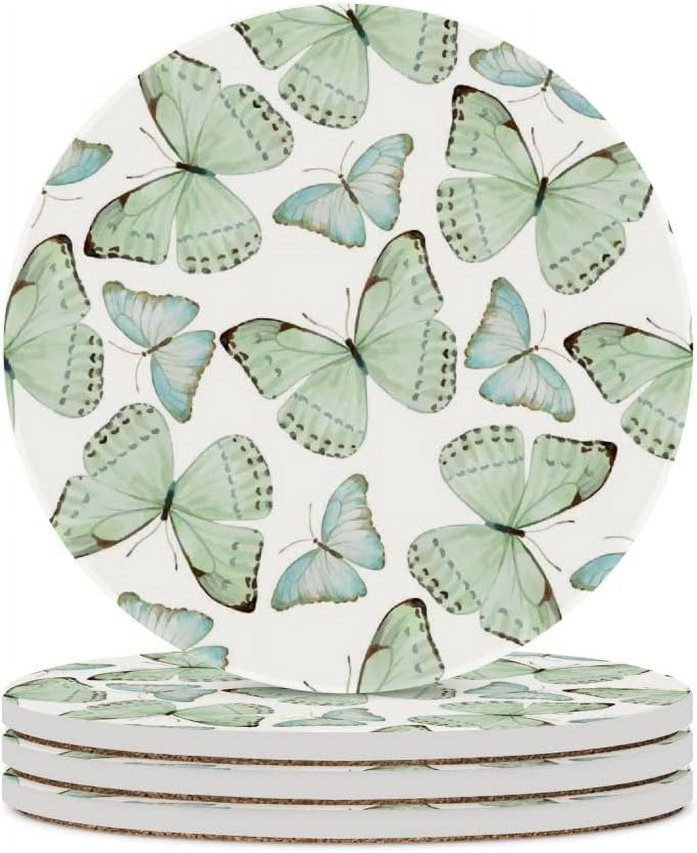 Round Drink Coasters, 6 Pcs Watercolor Butterfly Absorbent Ceramic ...