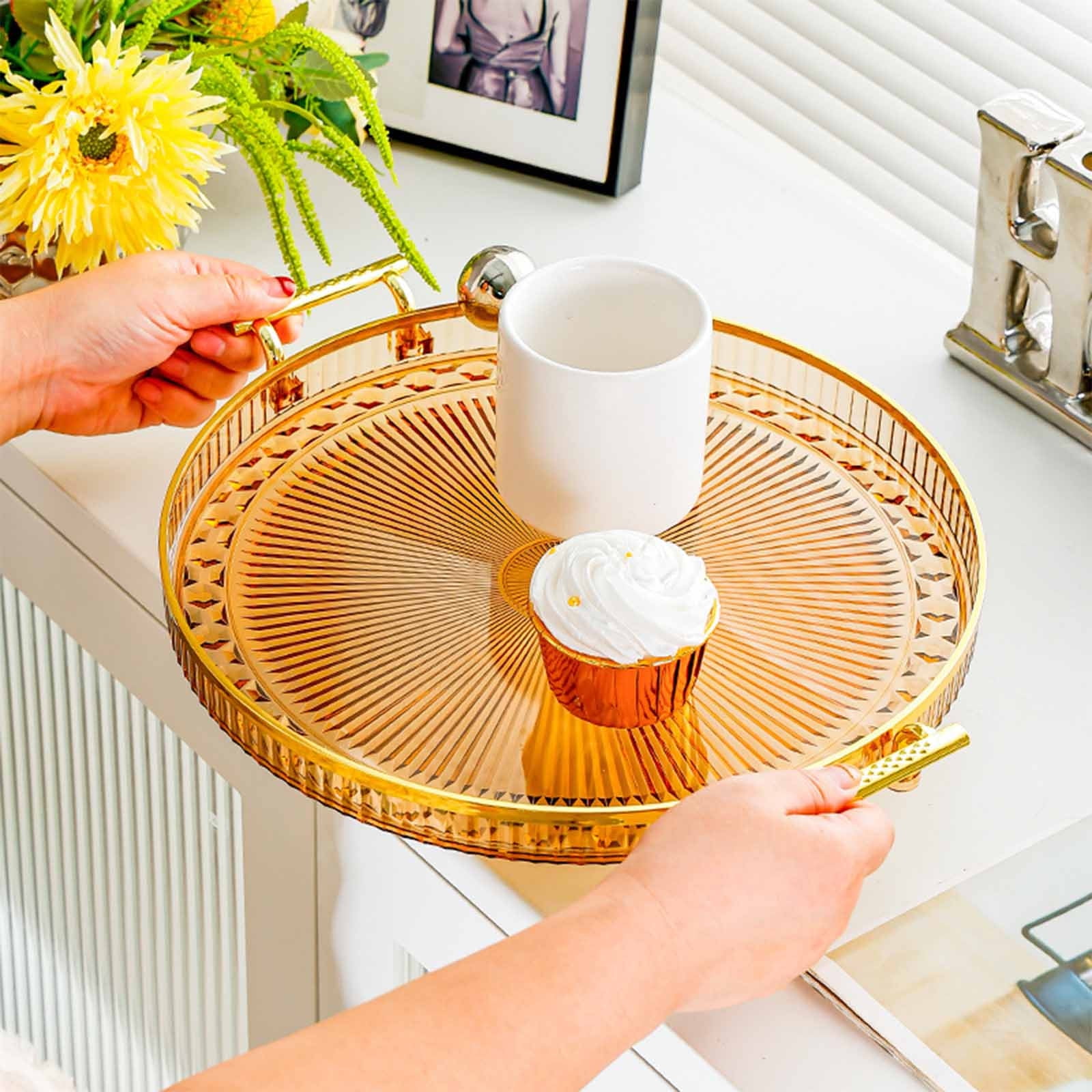 Round Drink Serving Tray With Handles,Coffee Table Tray,Luxury Platter ...