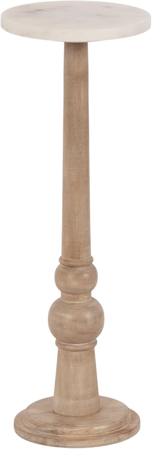 Round Drink Table, 8 x 8 x 23, White Marble and Light Natural Wood ...