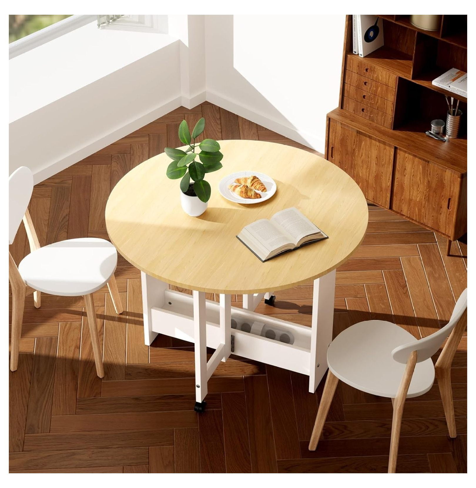 Round Drop-Leaf Folding Dining Table, Multifunctional Convertible Dining Room Table for Kitchen ...