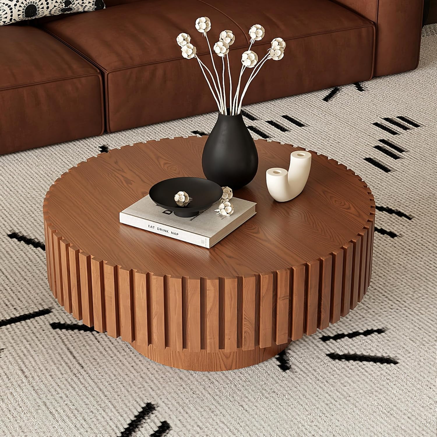 Round Drum Coffee Table, 31.5" Modern Handcraft Fluted Drum Center ...