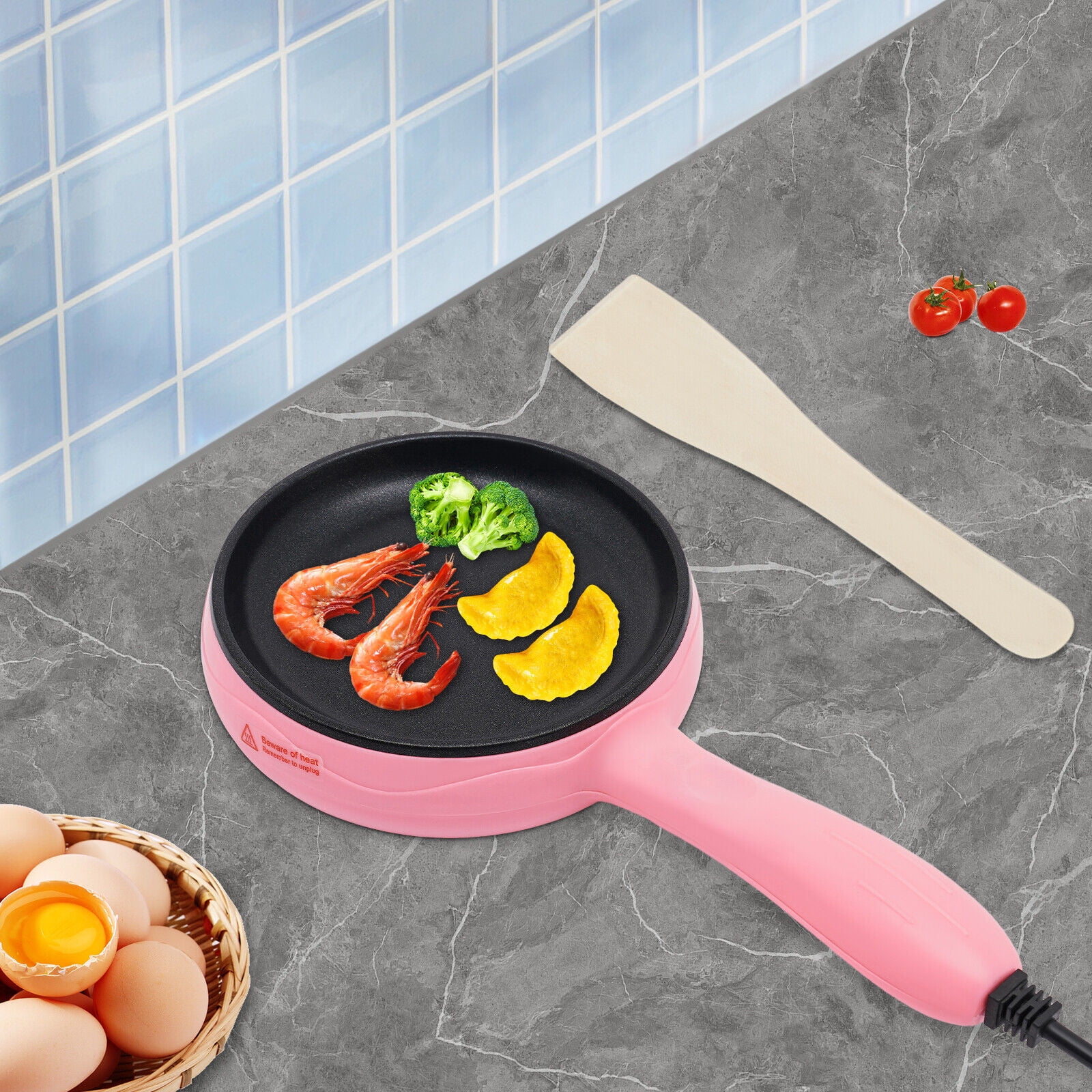 Round Electric Skillet Pink Mini Frying Pan Non-Stick 450W with Wooden ...