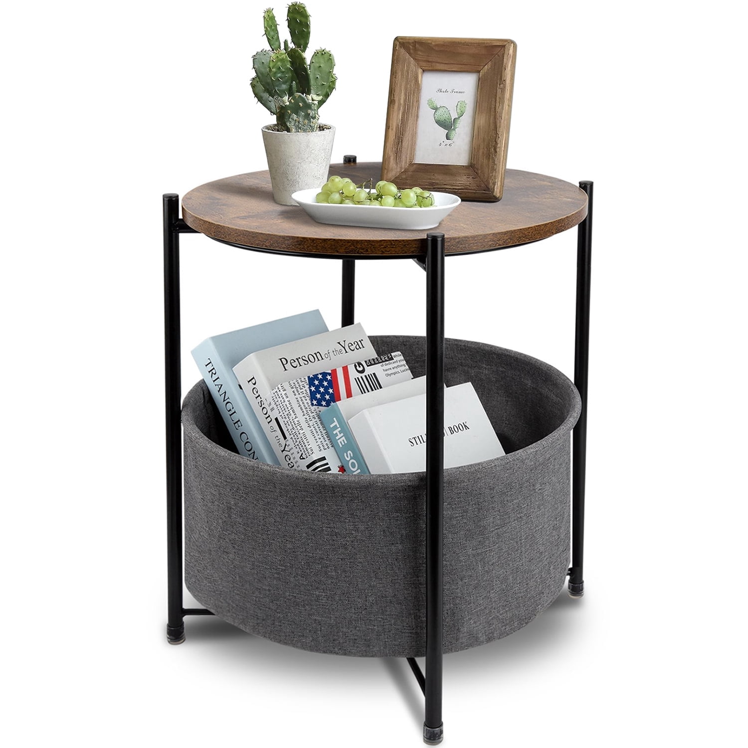 Round End Side Table, Sofa Side Snack Table with Fabric Storage Basket ...