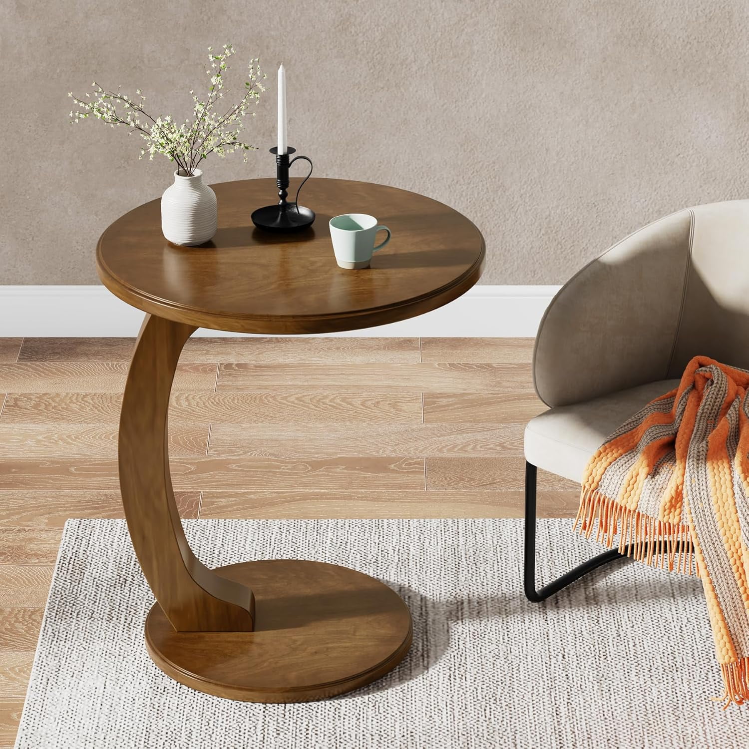 Round End/Side Table, Wooden C-Shaped End Table, Couch Side Table, Mid ...