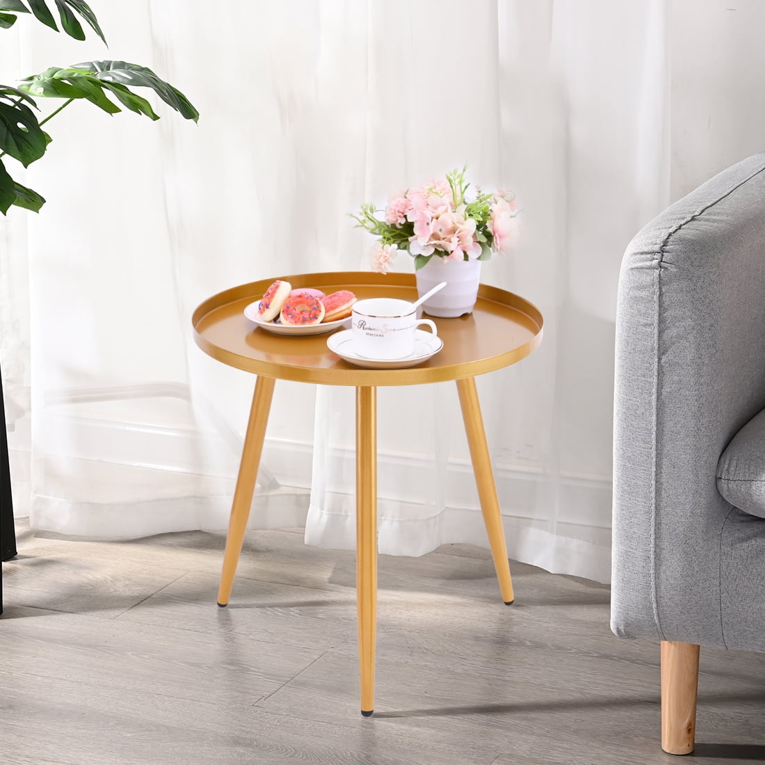 Round End Table, 17.7" Metal Small Sofa Side Table Bedside Table ...