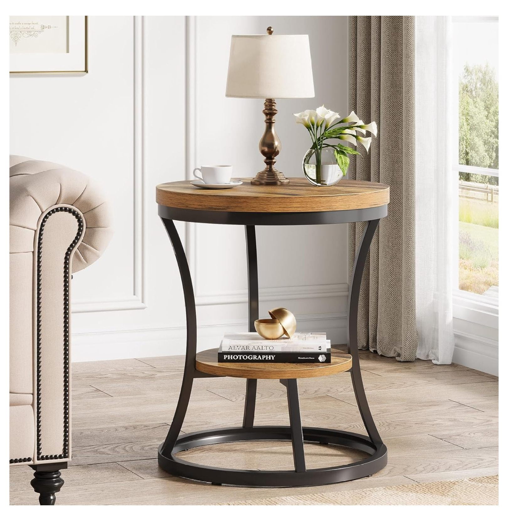 Round End Table, 2 Tier Industrial Side Table, Accent Bedside Table ...