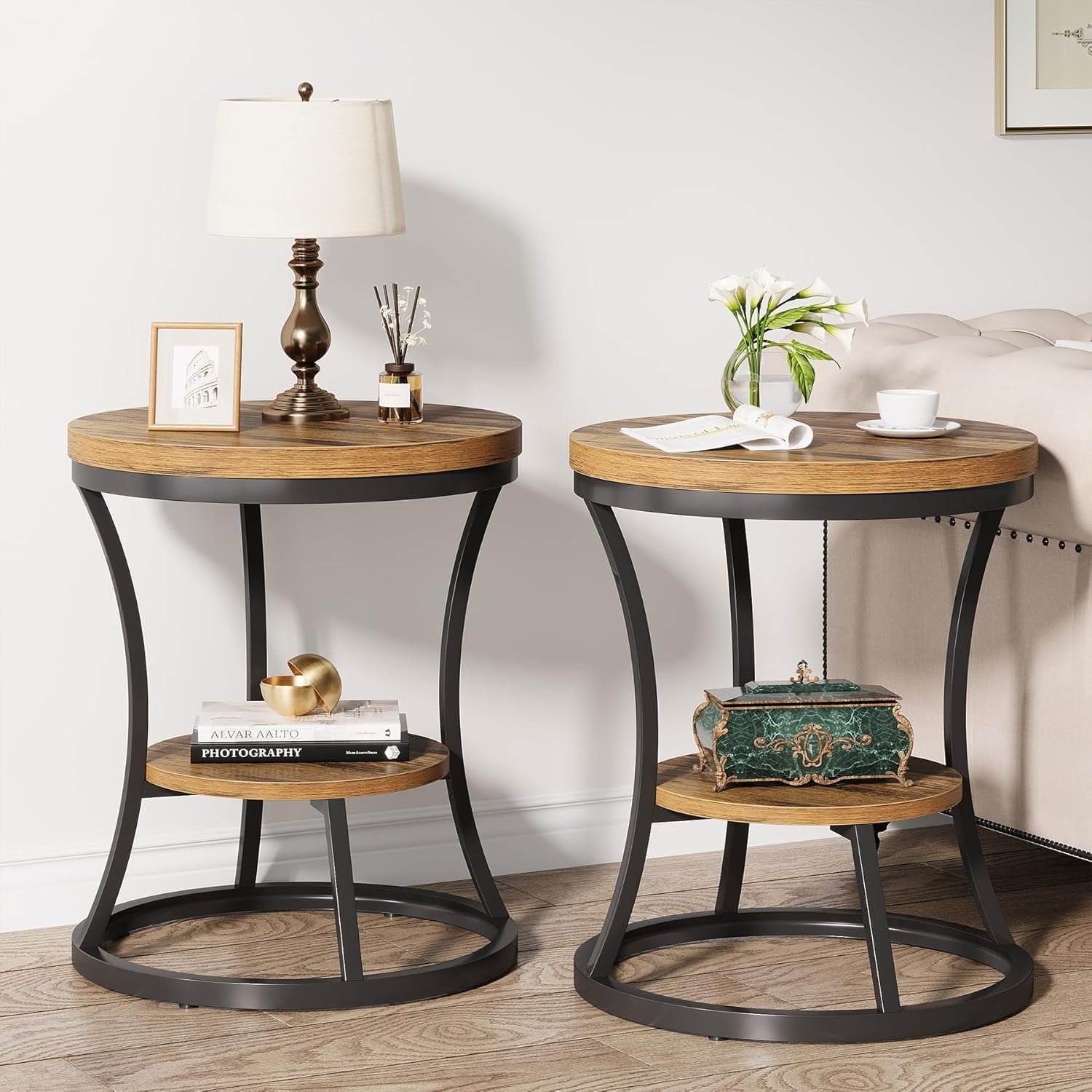 Round End Table 2 Tier Industrial Side Table Accent Bedside Table ...