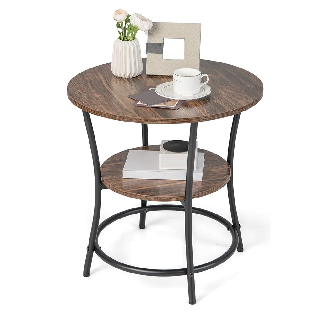 Round End Table, 2-Tier Sofa Side Table with Storage Shelf & Metal ...