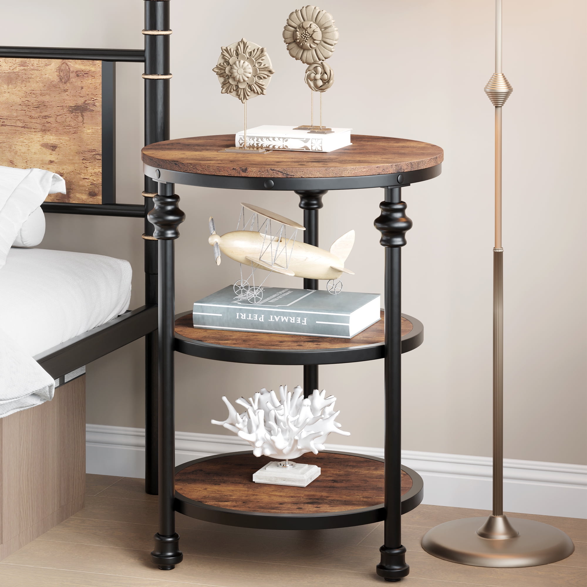 Round End Table, 3-Tier Side Table Living Room Accent Table with ...