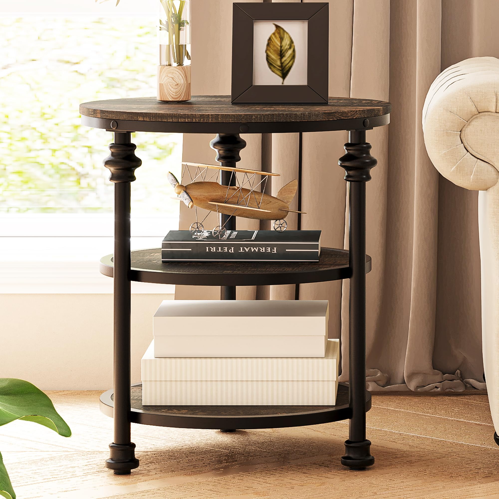 Round End Table, 3-Tier Side Table Living Room Accent Table with Storage Shelf and Metal Frame ...