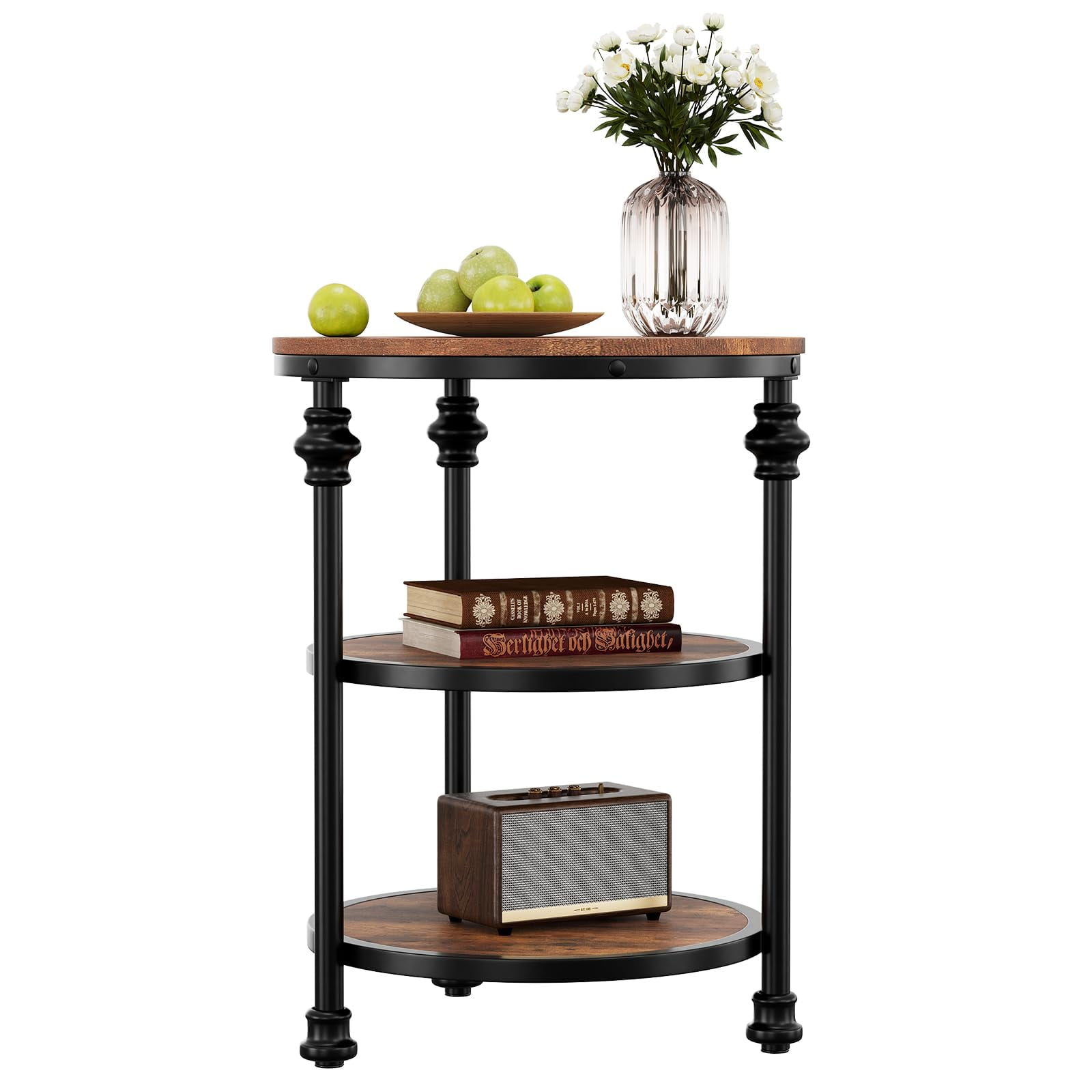 Round End Table, 3-Tier Side Table Living Room Accent Table with Storage Shelf and Metal Frame ...