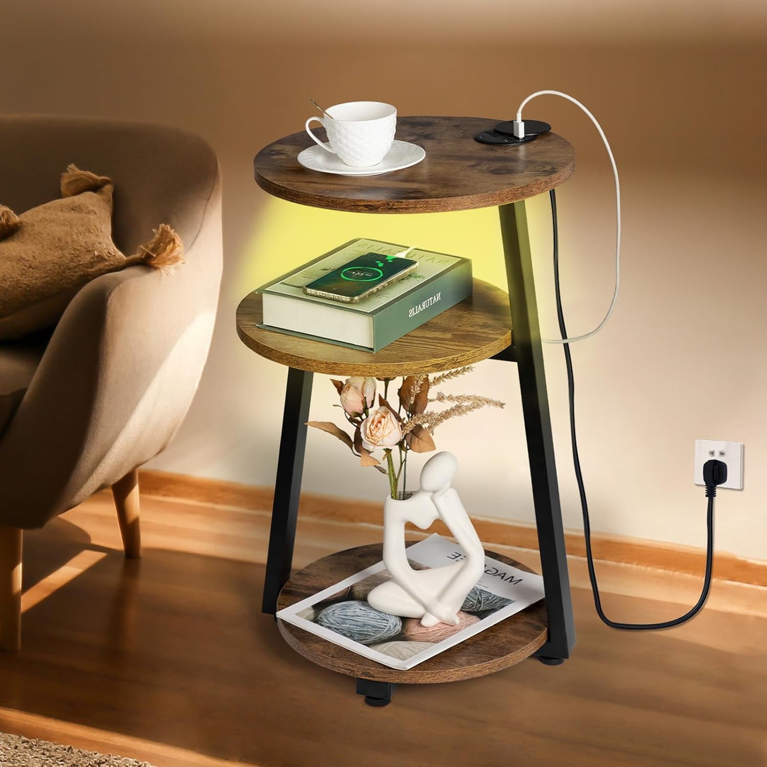 Round End Table with Charging Station and LED Lights, Small Side Table ...