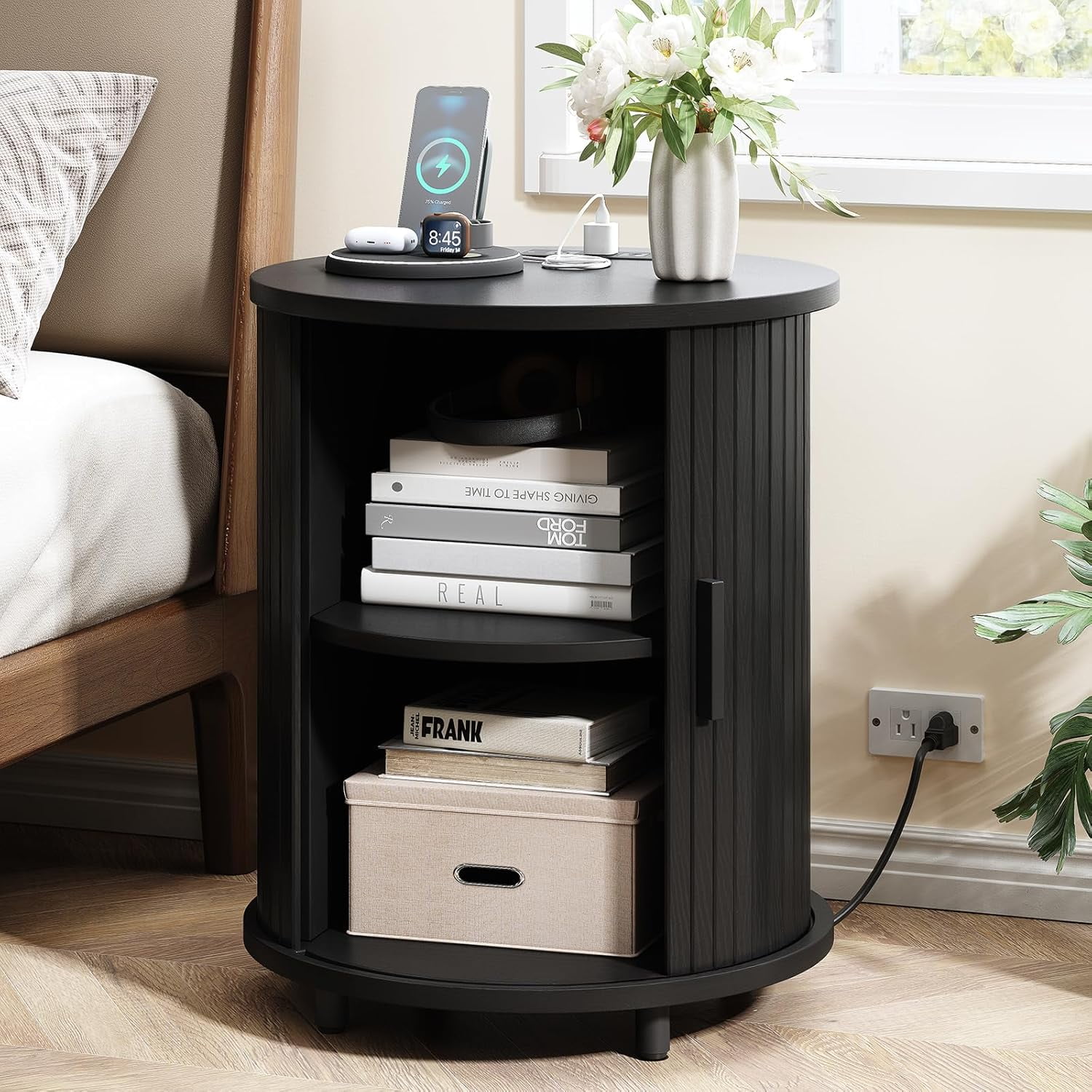 Round End Table with Charging Station, Mid Century Bedside Table with ...