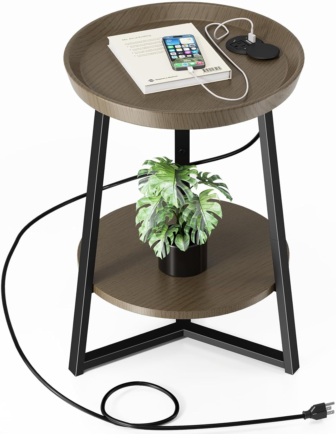 Round End Table with Charging Station, USB Ports, Wood Tabletop & Black ...