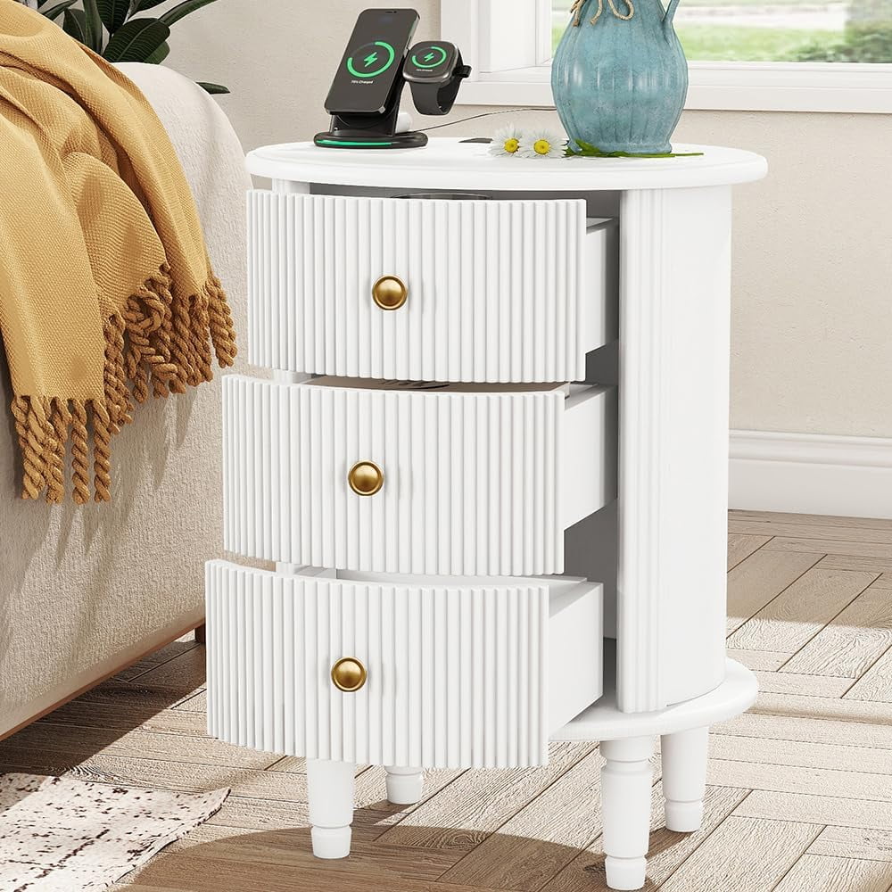 Round End Table with Charging Station, Wood Side Table with Storage for ...