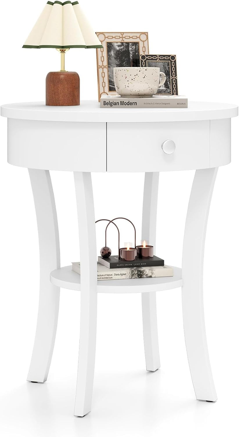 Round End Table with Drawer – 2-Tier Sofa Side Table with Solid Wood ...