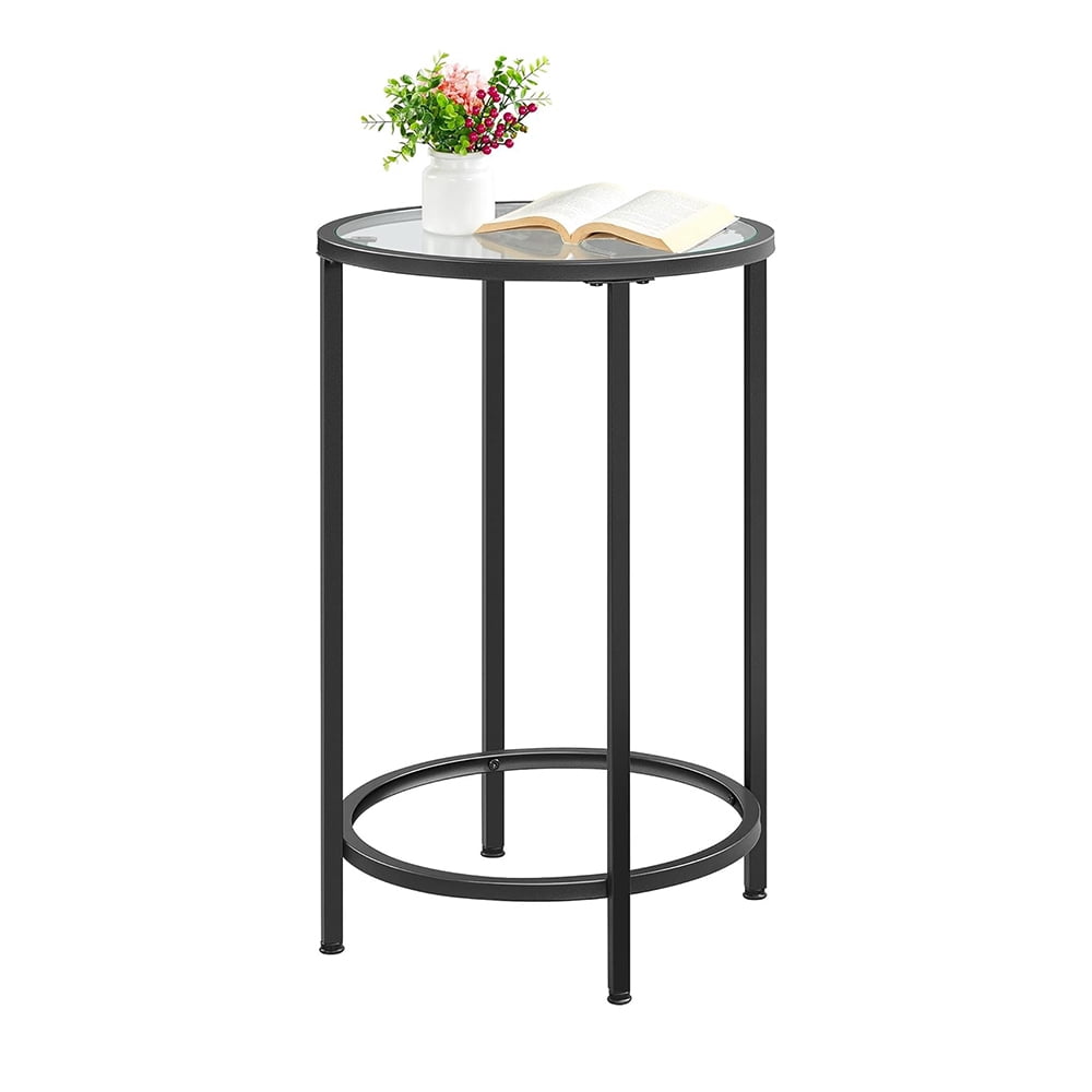 Round End Table, Glass Top Accent Tables Side Sofa Table w/Black Metal ...