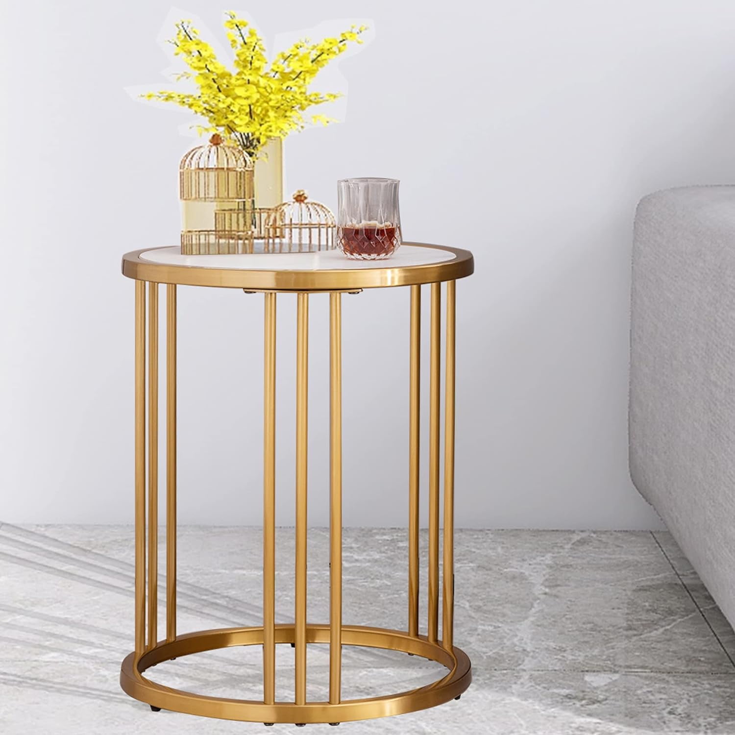 Round End Table Gold Small Side Table with Sintered Stone Tabletop and ...