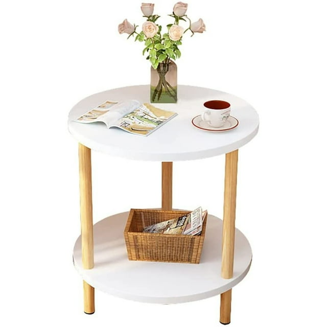 White Round 2-Tier End Table with Storage Shelf for Bedroom, Living ...