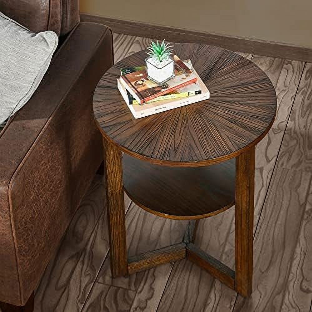 Round End Table, Rustic Side Table with Storage Shelf, Classic Circular ...