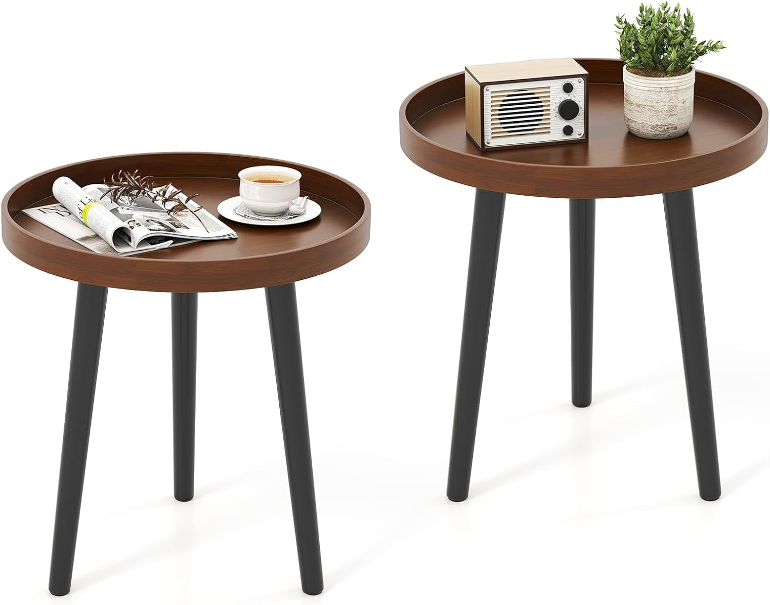 Round End Table Set of 2, Mid Century Modern Side Tables with Wooden ...