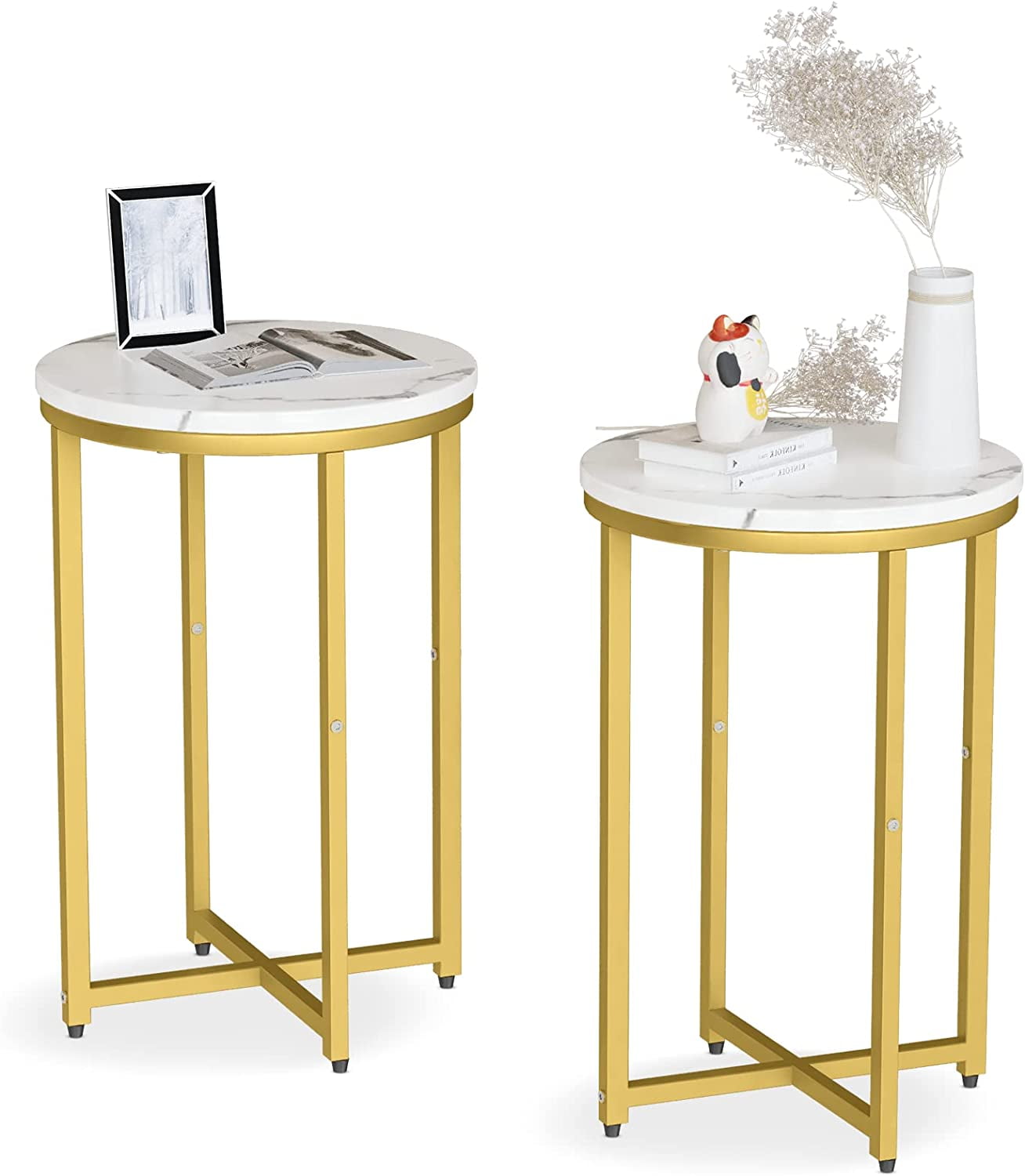 Round End Table Set of 2 Small Side Table Living Room, Faux Marble ...