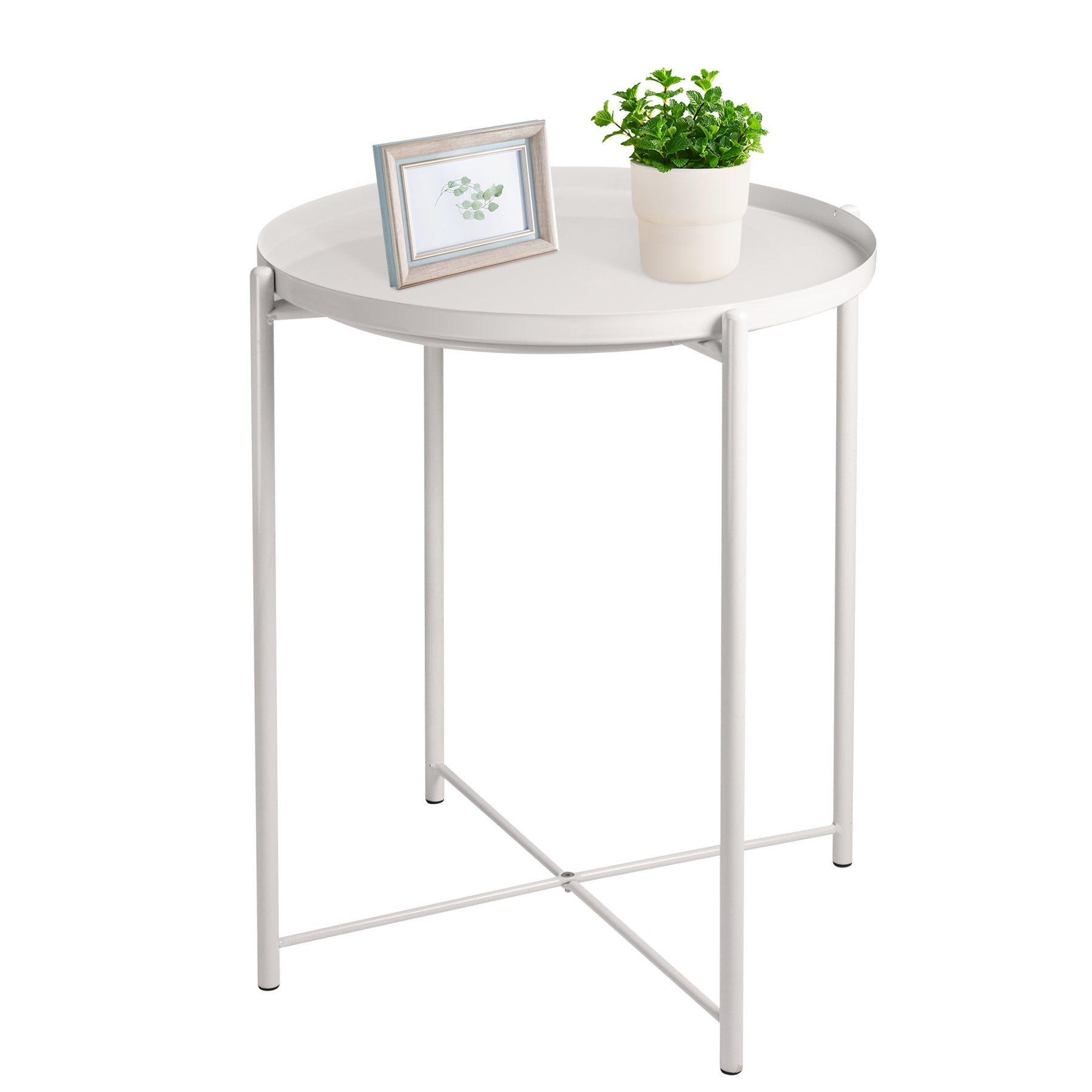 Round End Table, Small Metal Side Table with Removable Tray for Living ...
