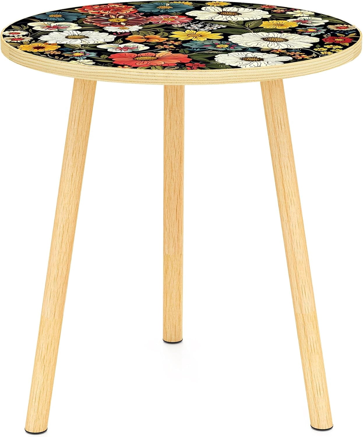 Round End Table, Small Side Table with Colorful Flowers Finish, Retro ...