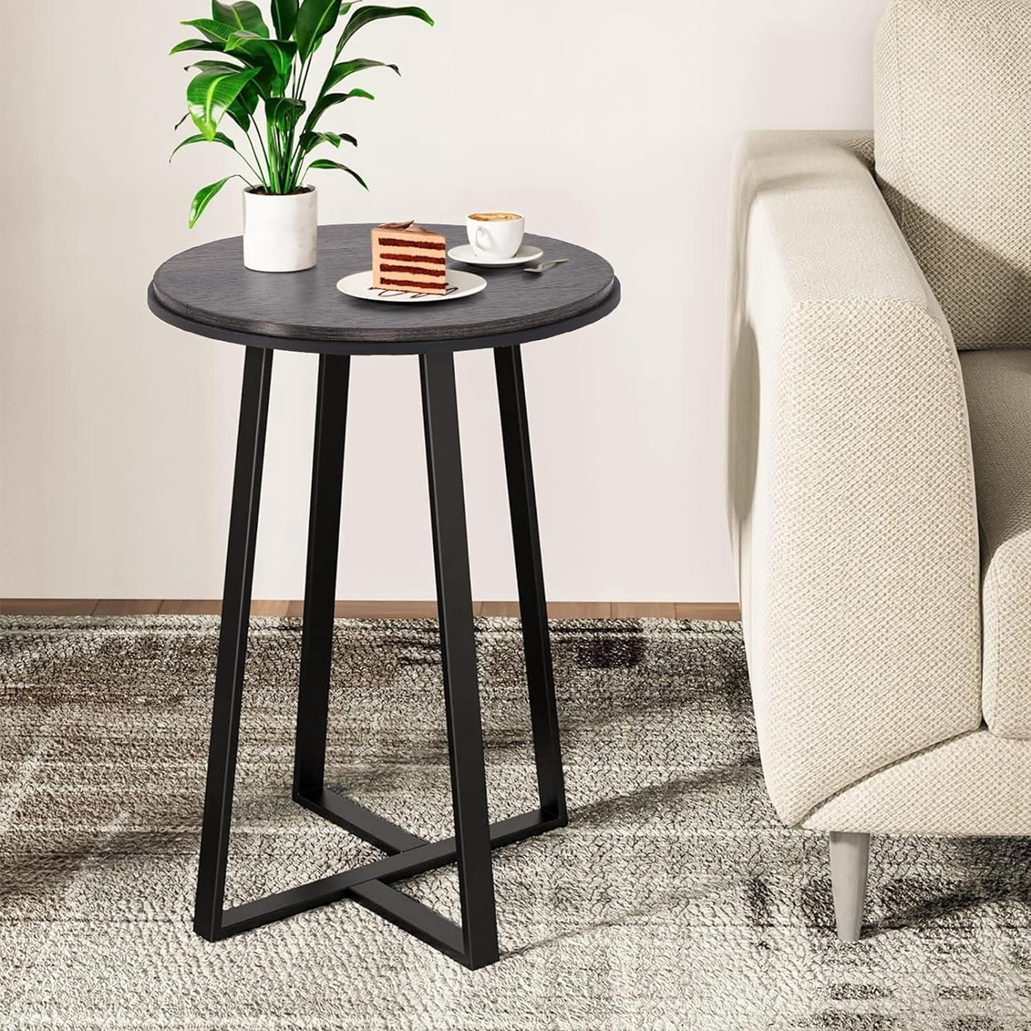 Round End Table, Small Side Table Grey Color MDF Top, Metal Frame Black ...