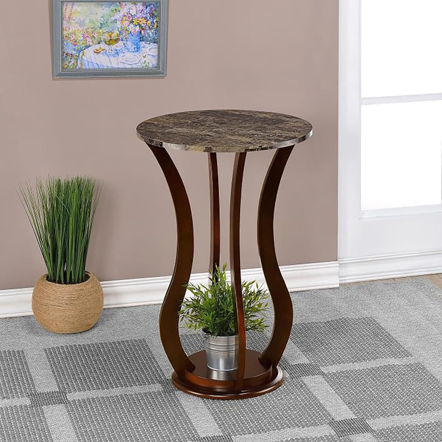 Round End Table, Small Wood Side Table with Faux Marble Top, Vintage ...