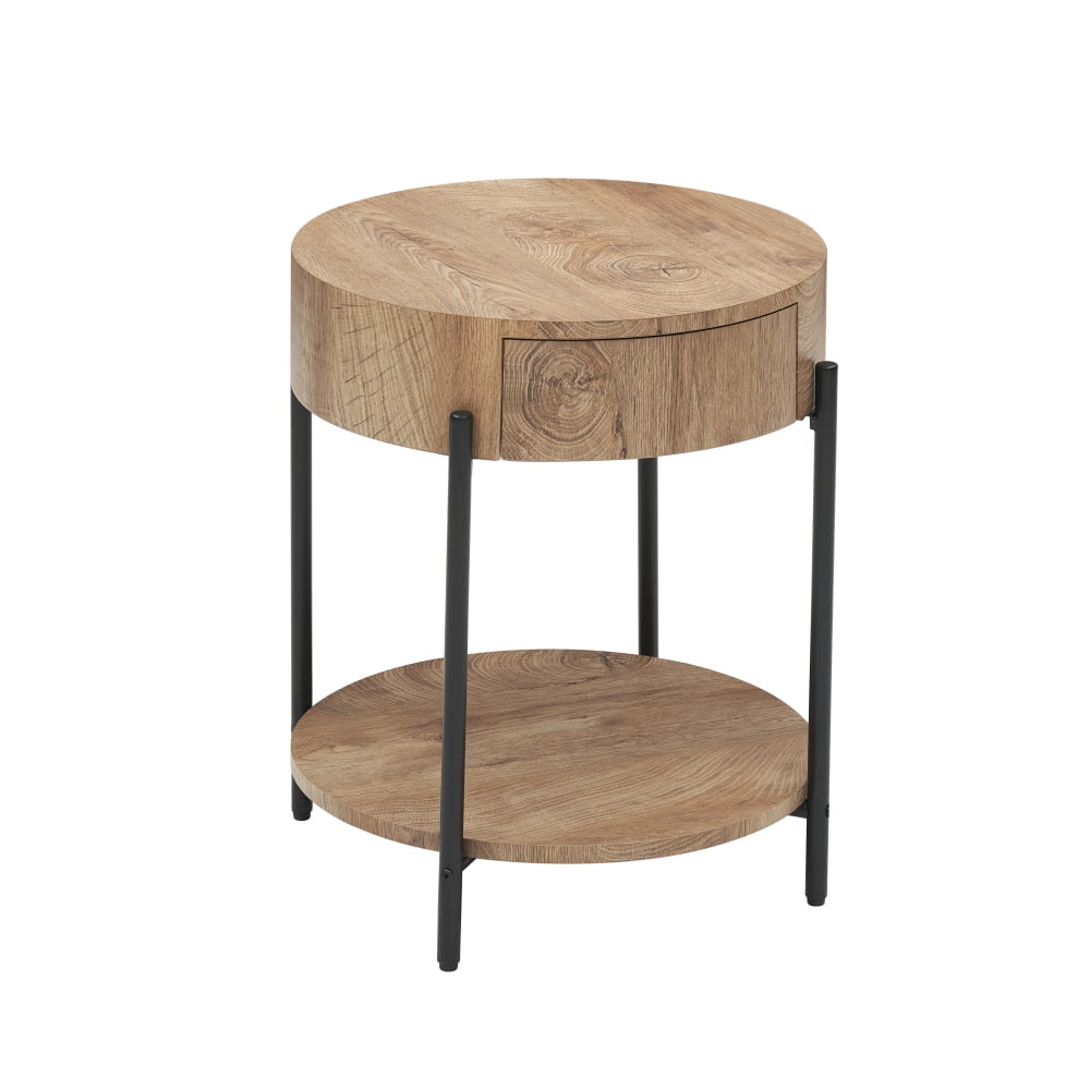Round End Table, Solid Wood Circle Side Table with Drawer, Metal Frame ...