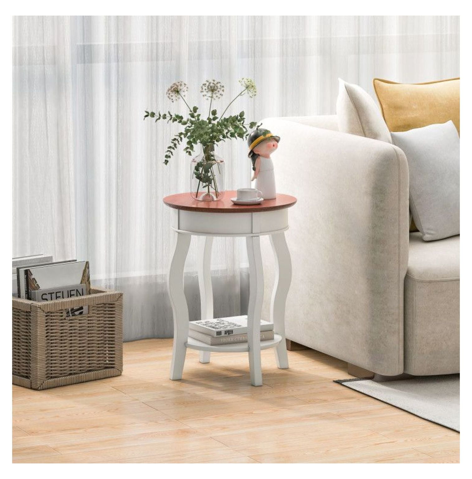 Round End Table with Storage, 2-Tier Side Table with Rubber Wood Legs ...