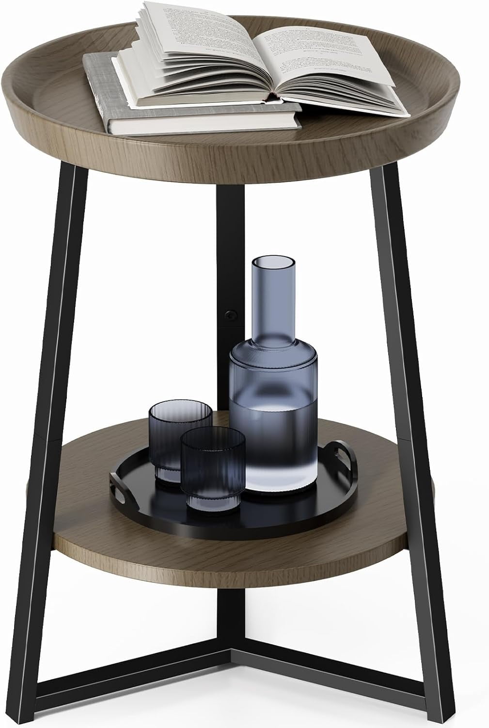 Round End Table with Storage Shelf, 2 Tier Farmhouse Side Table ...