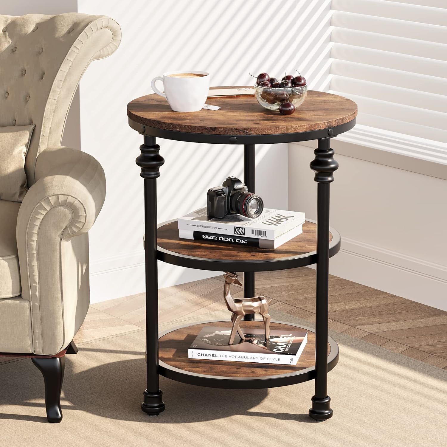 Round End Table with Storage Shelves, 3-Tier Round Farmhouse Side Table ...